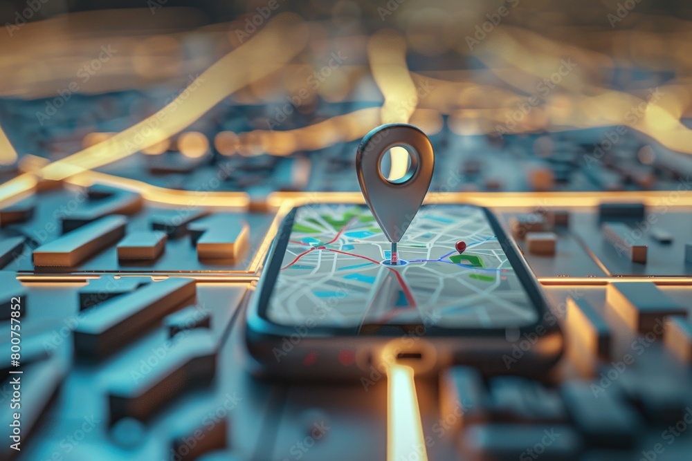 Realistic phone with location pin on a map showing road. Generate AI ...