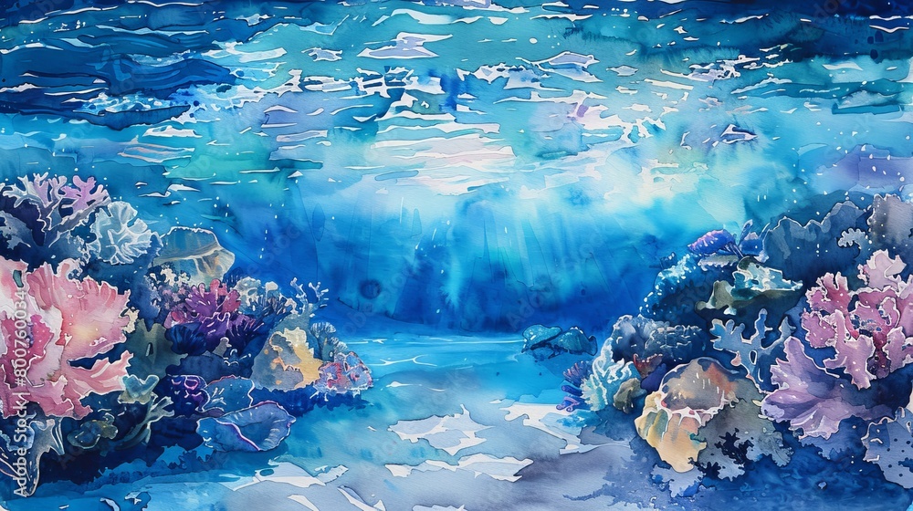 Luminous watercolor seascape featuring a coral reef visible through ...