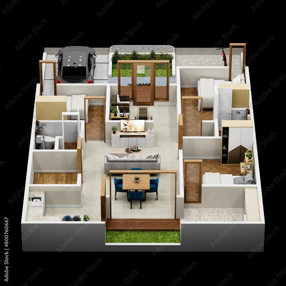 3d rendering floor plan of a house top view, minimalist house 135 ...
