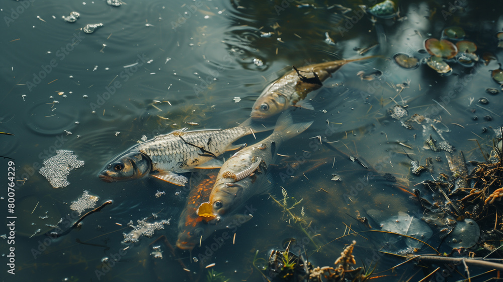 Fish dead killed from polluted water in lake pond. Stock Illustration ...