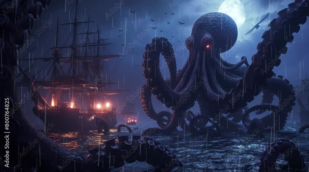 Giant octopus battling pirate ship under moonlit night sky. Epic ...
