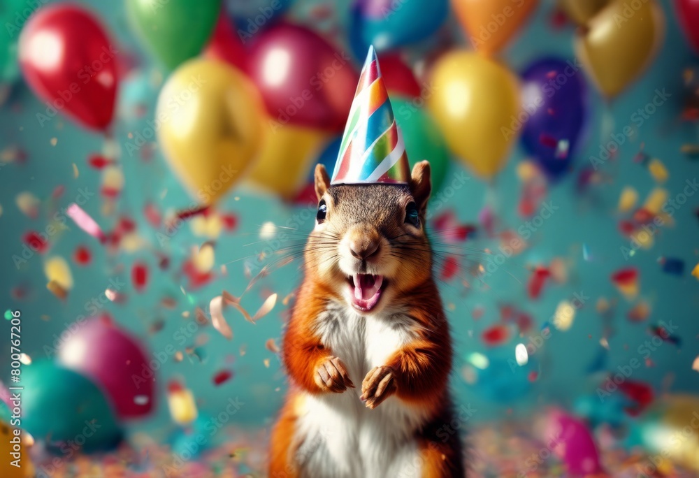'squirrel colorful confetti smile happy birthday big hat surrounded ...
