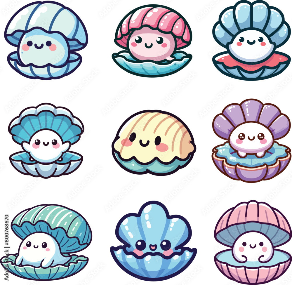 set collection cute kawaii cartoon vector clam shell Stock Vector ...