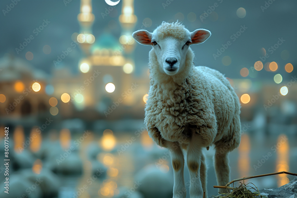 A sheep awaiting its fate during Eid al-Adha, the blurred surrounding ...