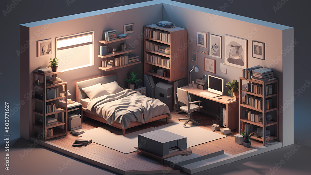 cube cutout of an isometric programmer bedroom with a PC, bookshelves ...