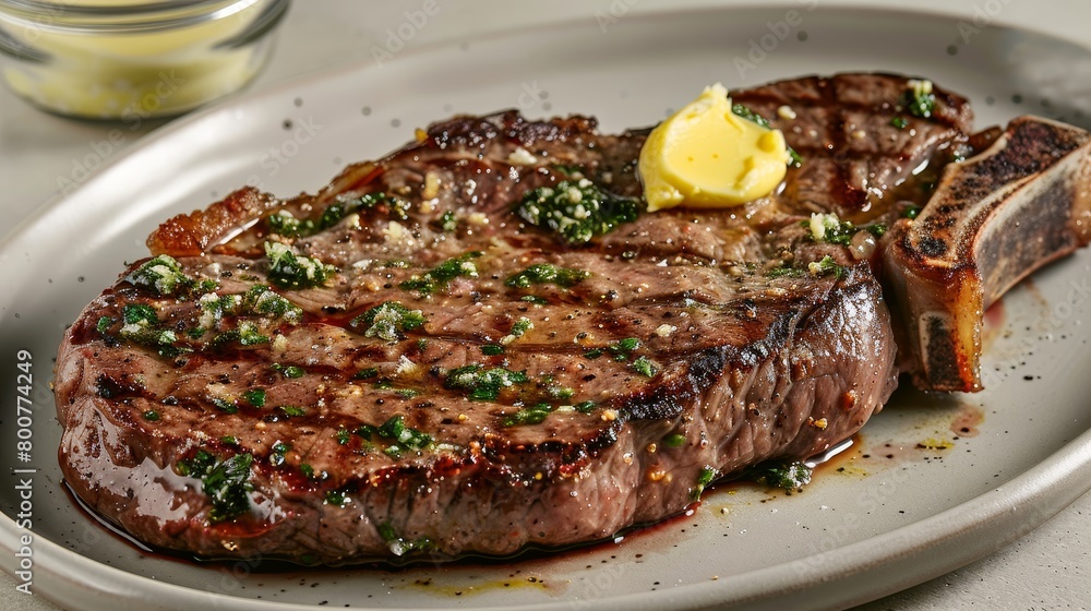 Char-grilled ribeye steak, beautifully marbled, served with golden ...