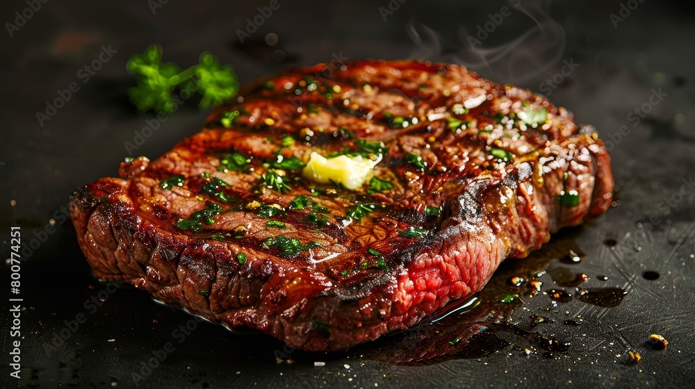 Char-grilled ribeye steak, beautifully marbled, served with golden ...