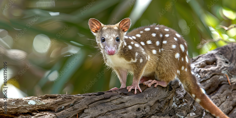 quoll with white spots on its body, brown fur and a small head, sitting ...