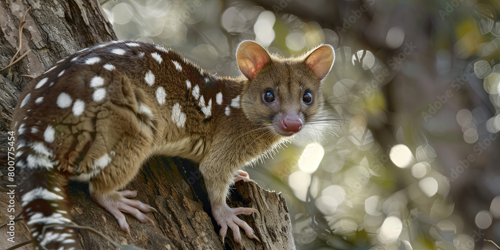 quoll with white spots on its body, brown fur and a small head, sitting ...
