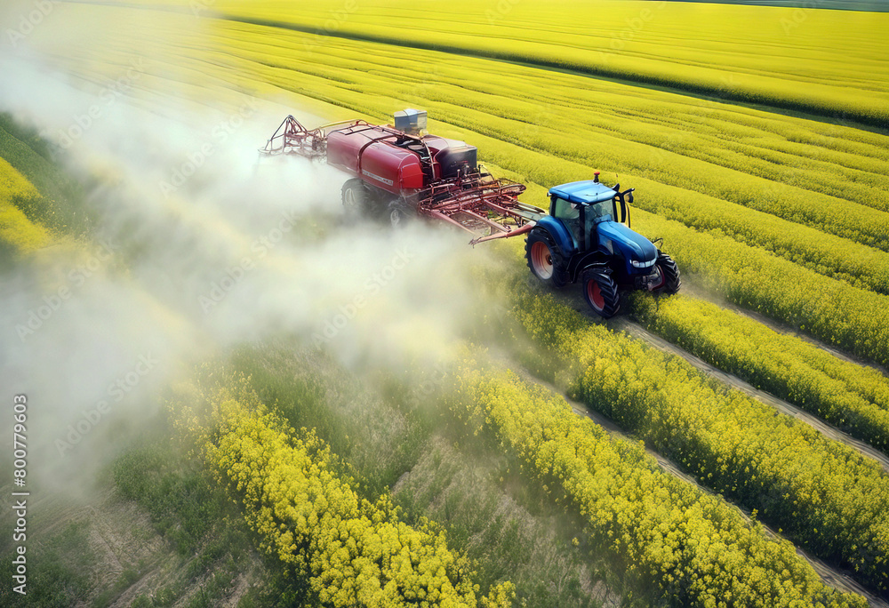 'tractor sprays agricultural rapeseed plants fertilizer Top view field ...