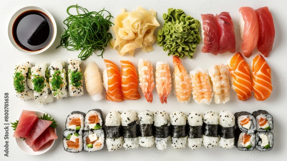 Gourmet sushi setting from above, diverse sushi types, including rolls, sashimi, and nigiri, all ...