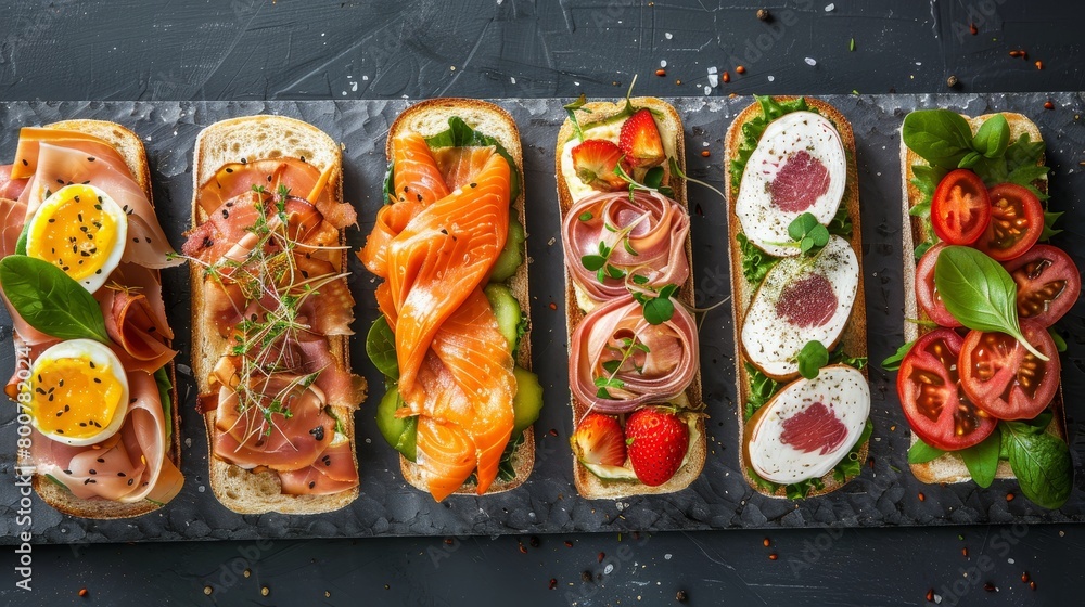 Gourmet sandwich assortment from above, featuring deluxe ingredients ...