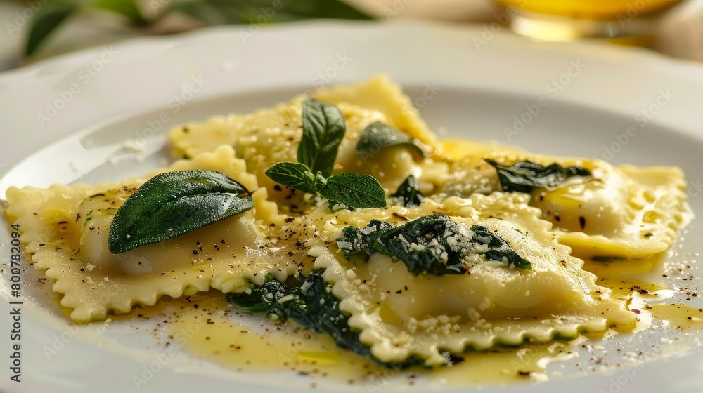 Gourmet ravioli filled with ricotta and spinach, doused in a butter ...