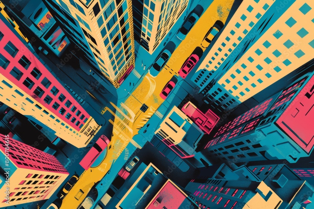 Pop art aerial view of a city grid, simplified buildings, stylized cars ...
