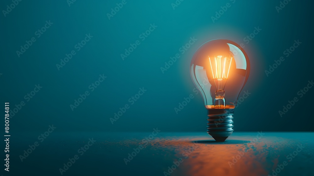 A light bulb illuminated on a block with space for text on a solid ...