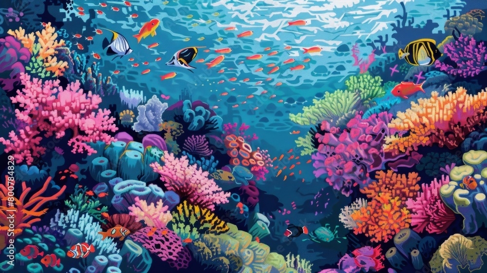 Realistic pop art rendition of a vibrant coral reef teeming with fish ...
