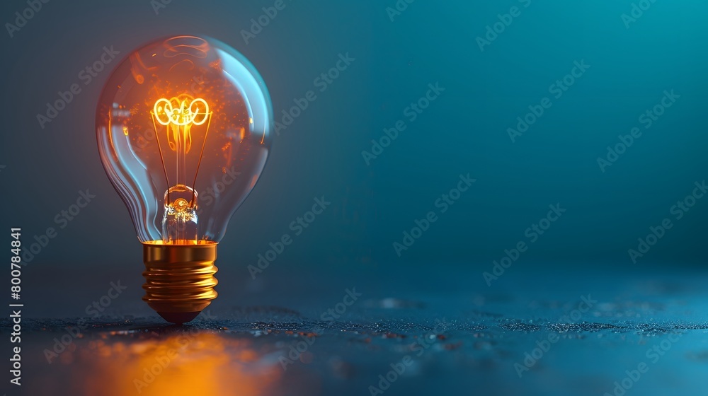 A light bulb illuminated on a block with space for text on a solid ...