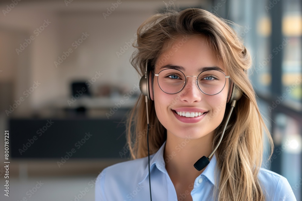 Call center, young woman and smile in contact us with CRM, headset with ...