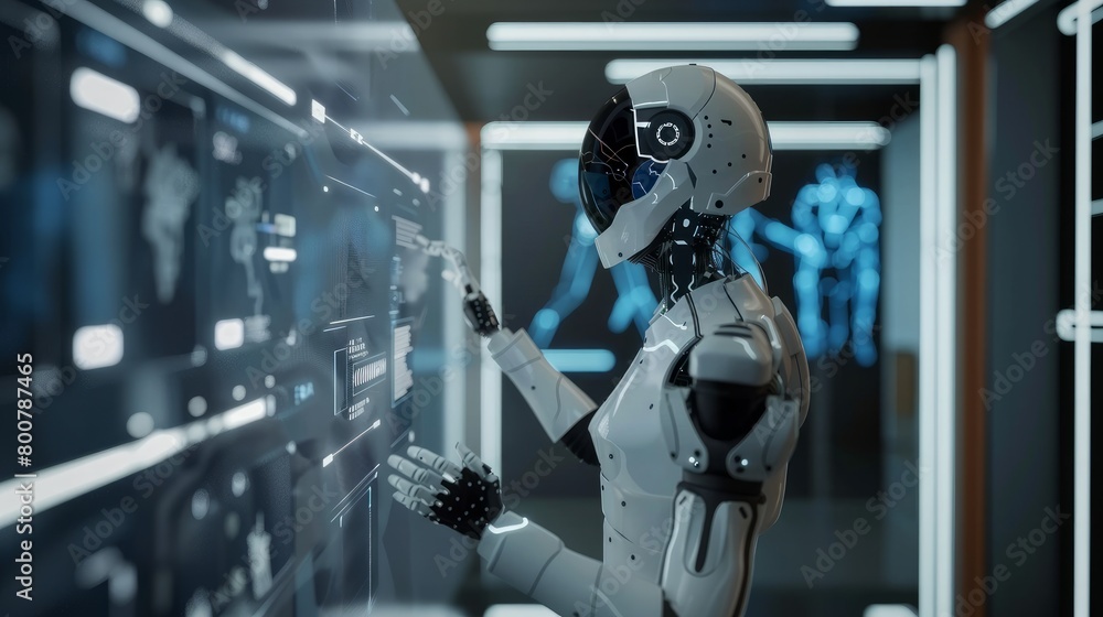 3D rendering of a robot interacting with a virtual display ...