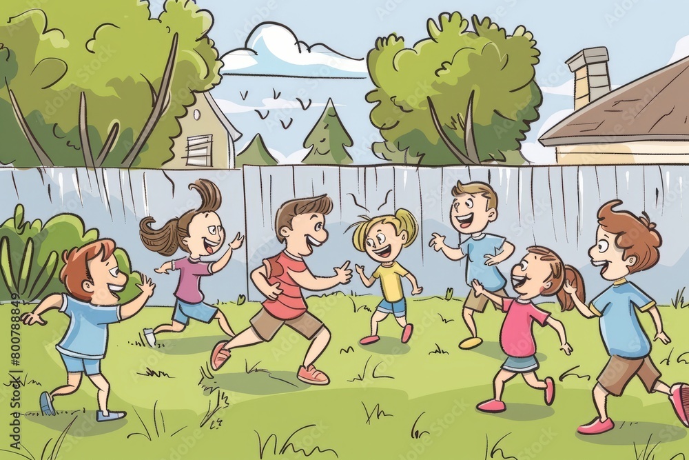 Cartoon cute doodles of a family playing a game of hide and seek ...