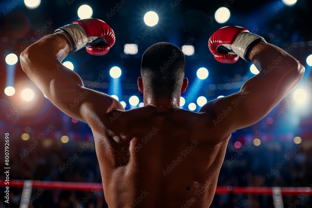 Envision the thrill of victory as a boxer raises their arms in triumph ...