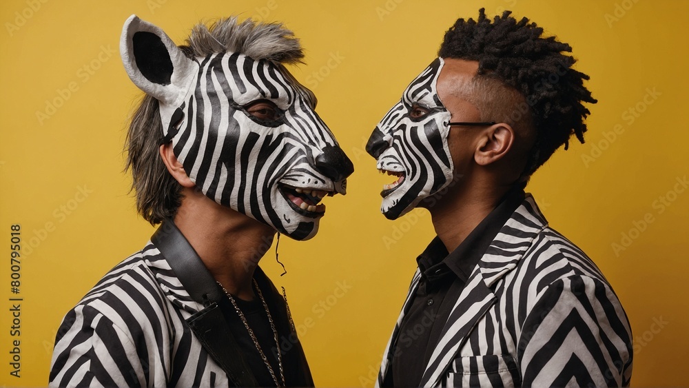 Profile side photo of freak guy in zebra mask sing mic popular song ...