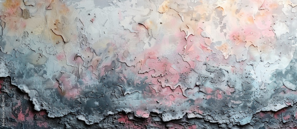Fragmented layers of paint are visibly peeling off a weathered wall ...