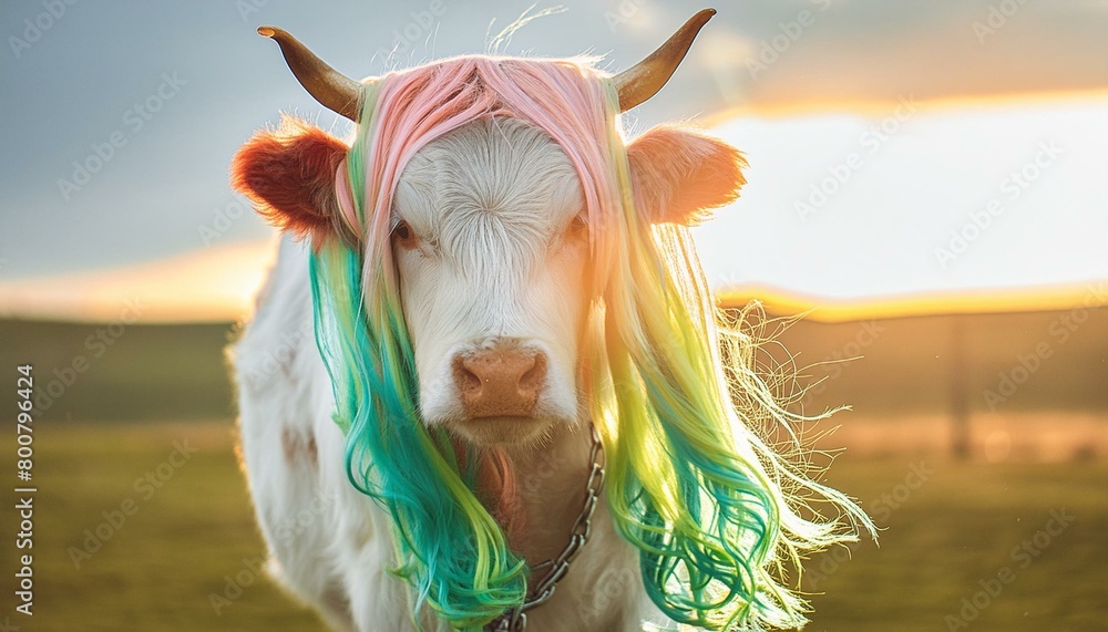 cow cow cow with long floaty rainbow hair closeup dreamy light leak of ...