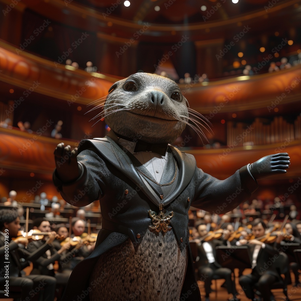 An imaginative depiction of a seal dressed as a conductor, leading a ...