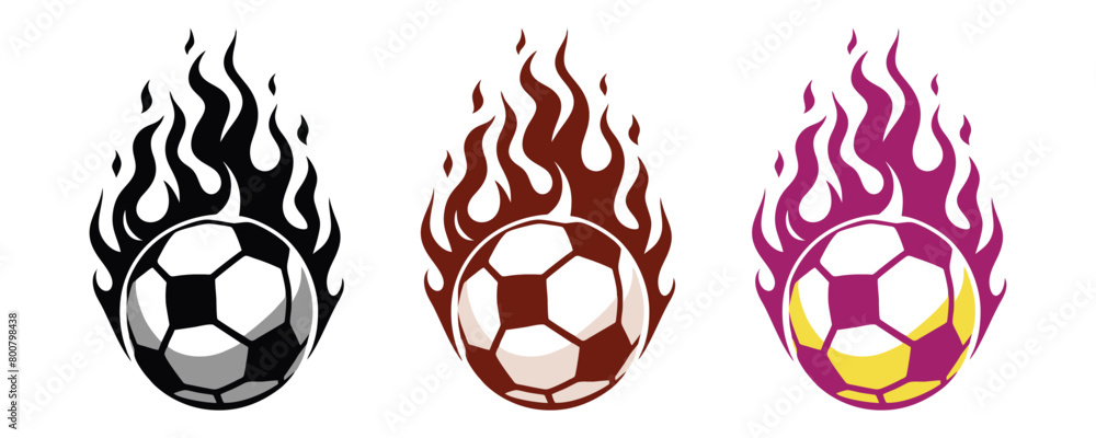three set of logo icon soccer ball with flames. football logo icon ...