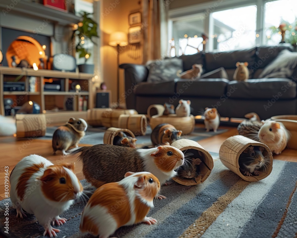 A playful setup with several guinea pigs exploring a homemade obstacle ...