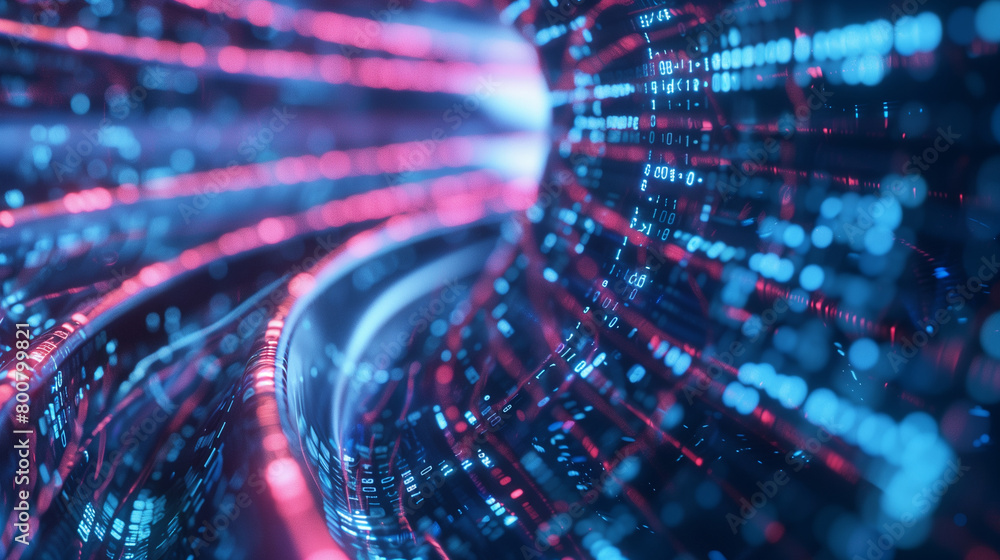 3d wire cable tunnel with digital binary data transmitting.Glowing data ...