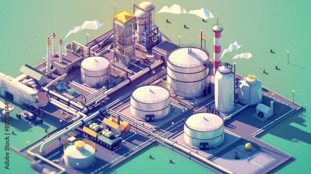 Illustrated in vector low poly style, an oil refinery plant is depicted ...