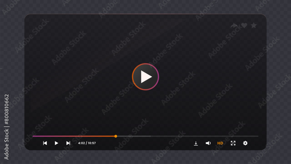 Dark glossy transparent video player interface. Live audio control panel UI, video display ...