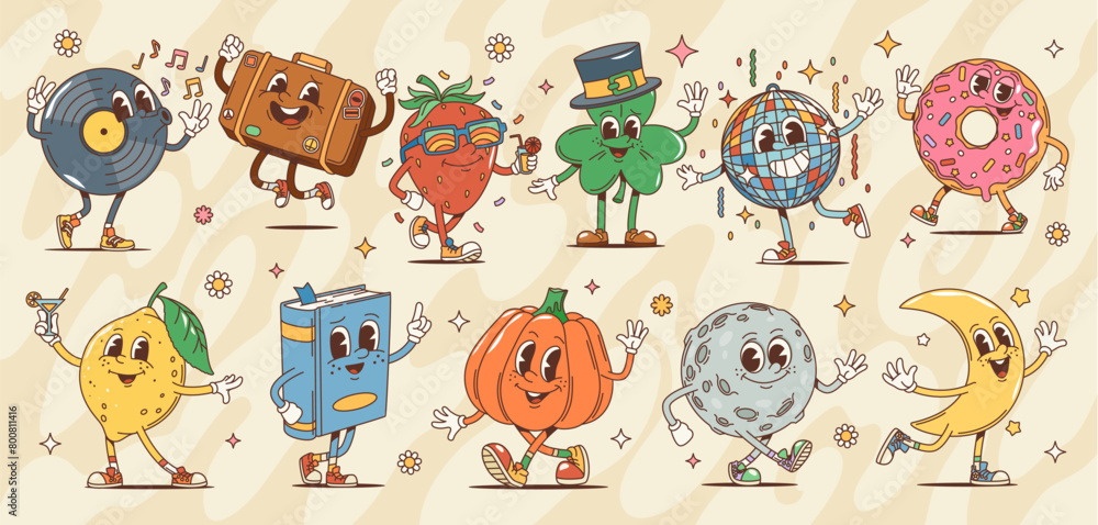 Groovy retro cartoon characters in hippie of 60s or 70s art, vector ...