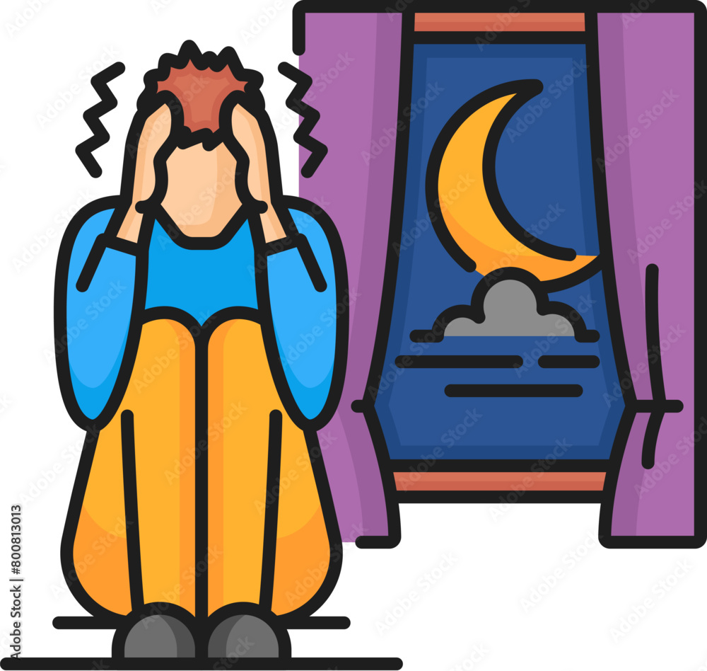Psychology problem, nyctophobia phobia, mental anxiety outline color ... Psychology problem, nyctophobia phobia, mental anxiety outline color ...