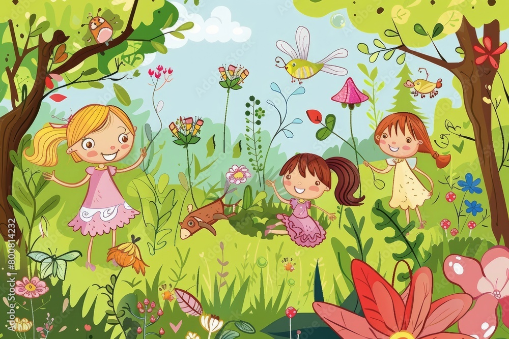 Cartoon cute doodles of kids exploring an enchanted garden filled with ...