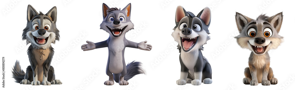 Set of 3D cute happy cartoon wolf, isolated on white background, png ...