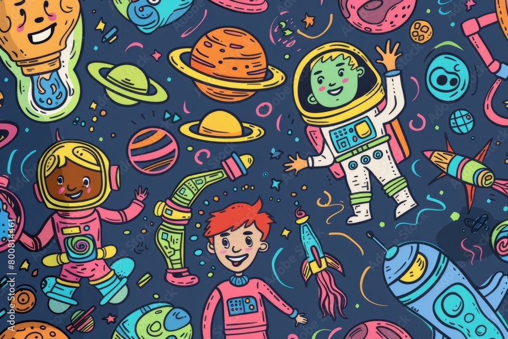 Cartoon cute doodles of kids participating in a space mission to Mars ...