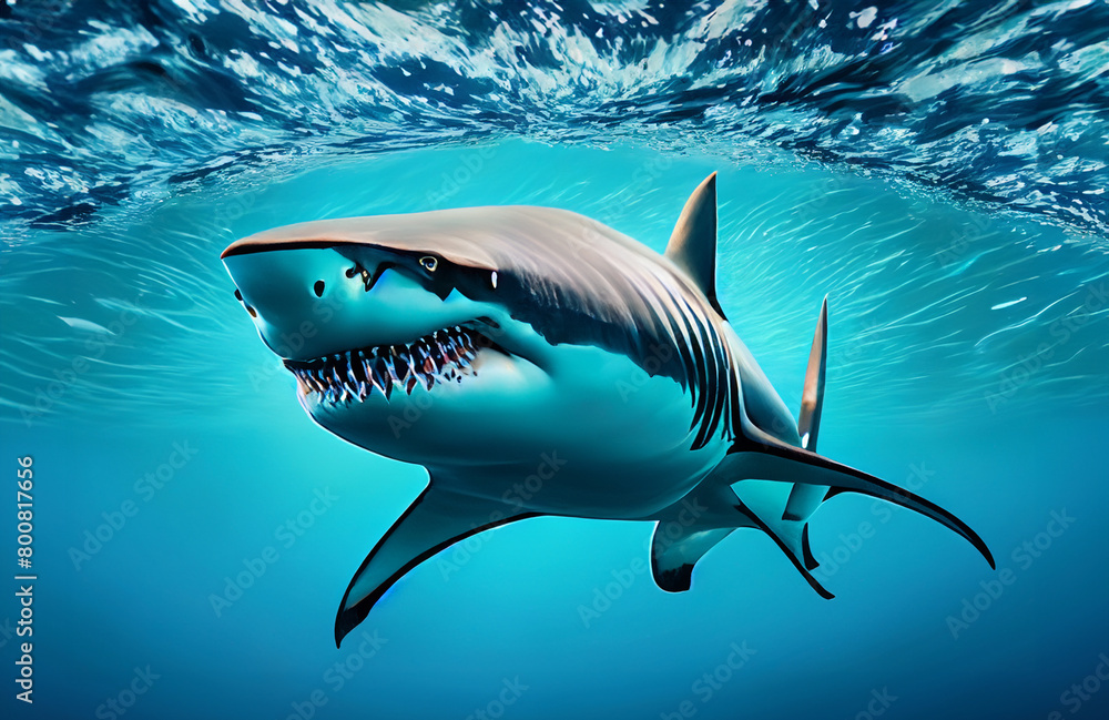 Bottom view of an ocean shark from below. Opening a dangerous mouth ...