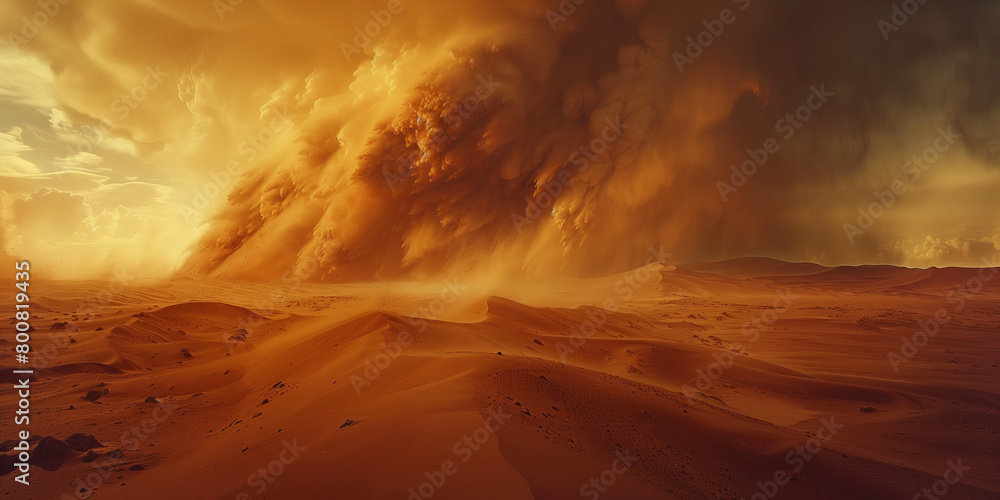 Vast desert engulfed by sandstorm with towering clouds of sand sweep ...