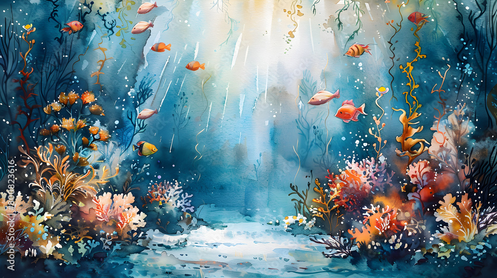 A vibrant watercolor illustration depicting an enchanting underwater ...