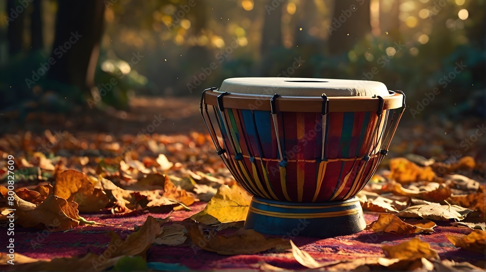 indian Tabla instrument blending with woodland leaves: traditional ...