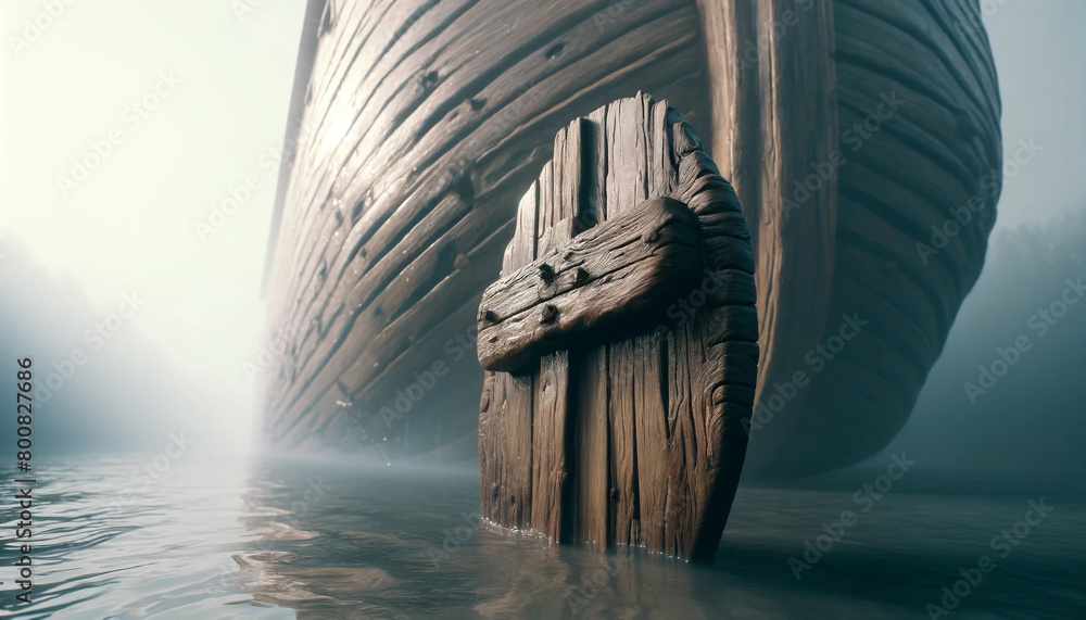 Scene of Noah's Ark anchored in a calm sea. The ark is decorated with ...