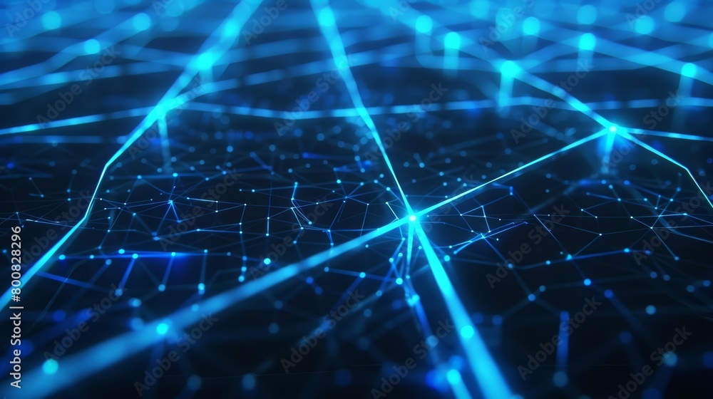Neon blue lines intersect across a dark expanse, creating a digital map ...