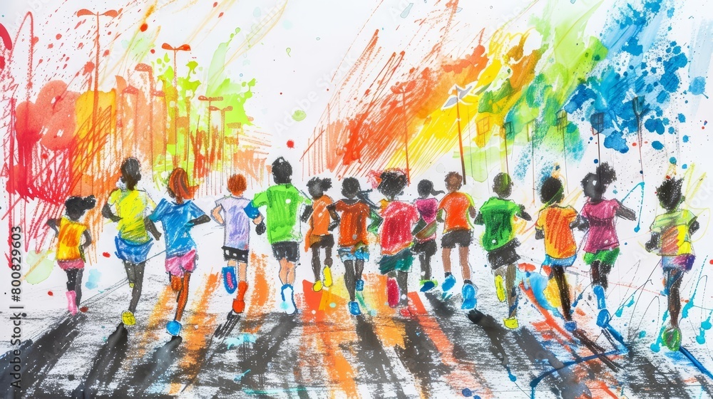 The beginning of a marathon is captured in a childrens drawing, with ...