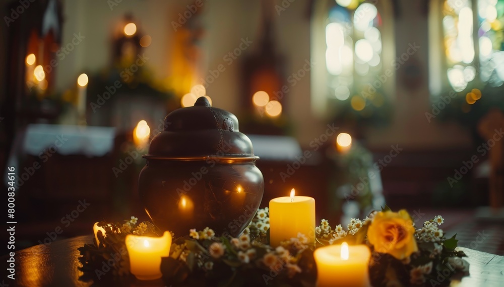 Church table with burning candles and a funerary urn symbolize funeral ...