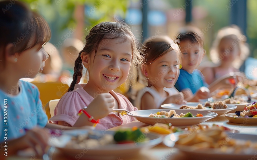 Happy Multiethnic children eating healthy food at a school. Generate AI ...