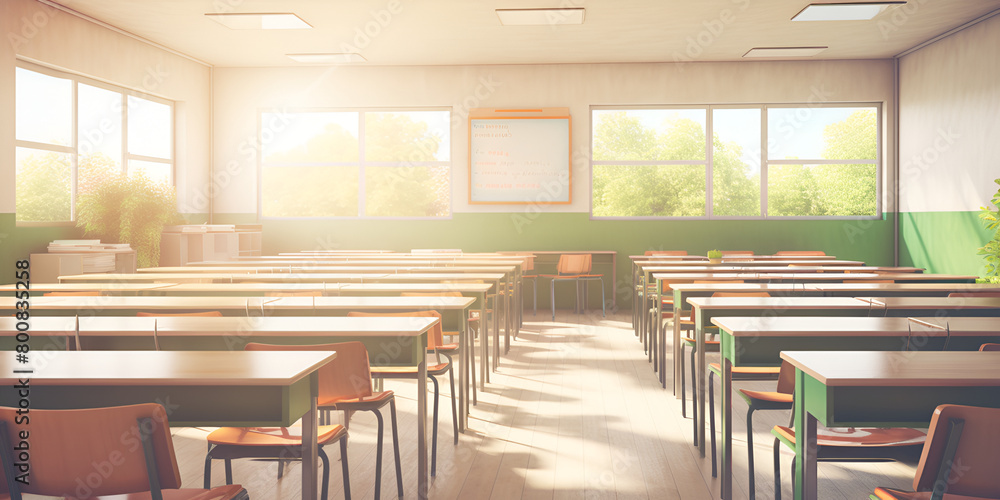 classroom in high school with wooden desks and chairs education system ...