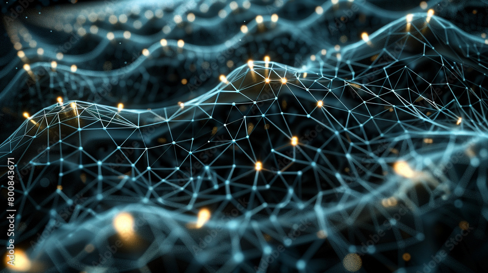 High-resolution image of a digital neural network with nodes and connections illuminated against ...